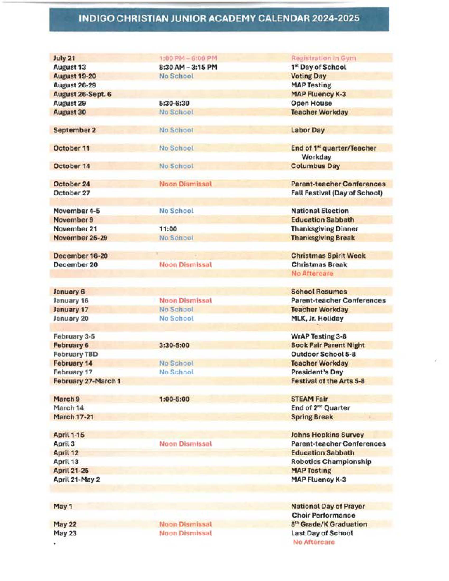 Calendar - Indigo Christian Junior Academy